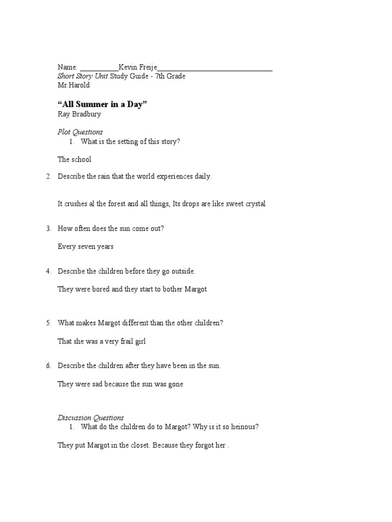 "All Summer in a Day" Study Guide | PDF