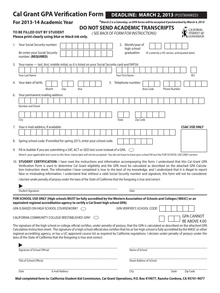 Cal Grant Eligibility: A Guide to Completing the 2013-14 GPA ...