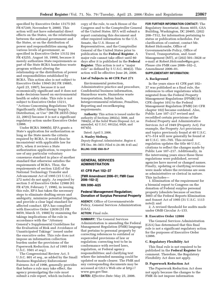 Rule: Federal Management Regulation (FMR) : Surplus Personal Property ...