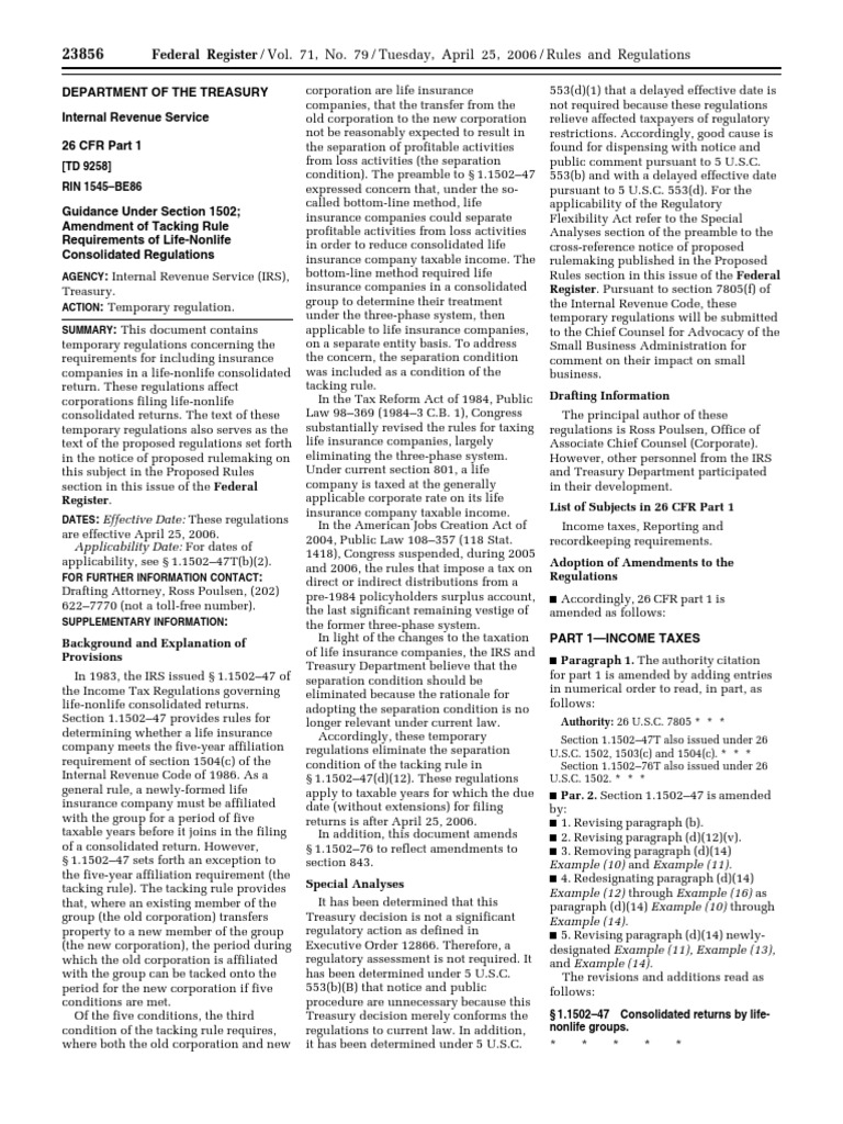Rule: Income Taxes: Life-Nonlife Consolidated Returns Tacking Rule ...