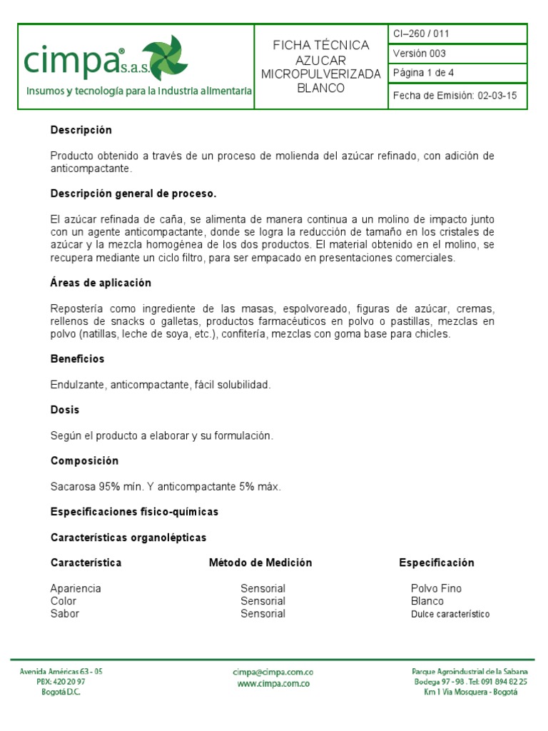 Azúcar Micropulverizada: Ficha Técnica | PDF | Azúcar | Dieta y nutrición