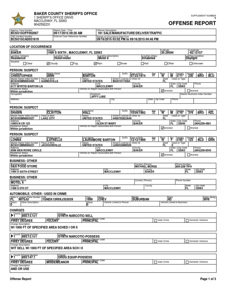 Offense Report: Baker County Sheriffs Office | PDF | Mdma | Crime Thriller