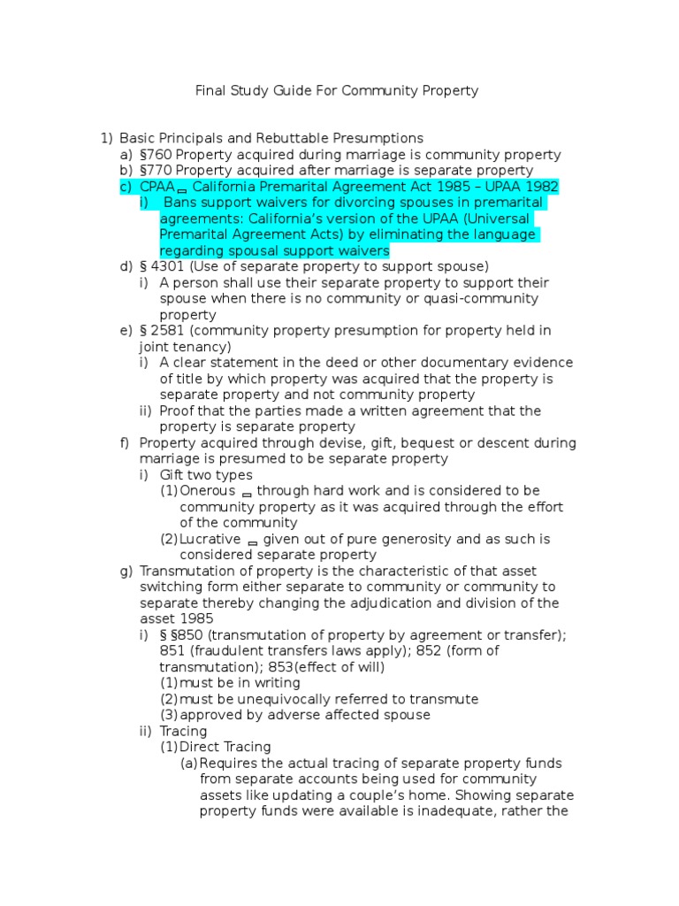 Community Property Study Guide | PDF | Community Property | Goodwill ...