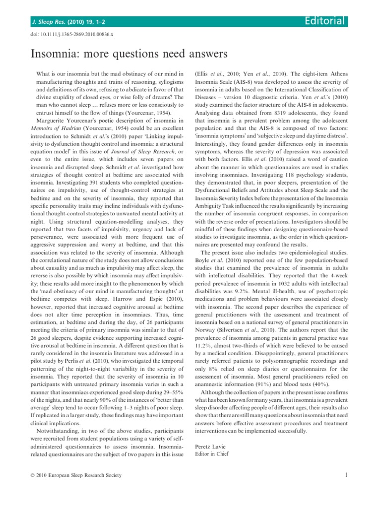 Insomnia: More Questions Need Answers: Editorial | PDF | Insomnia ...