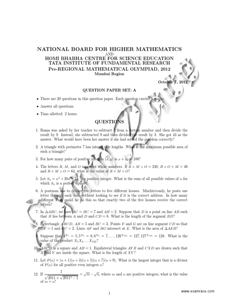 Pre RMO Solved Paper 2012 | PDF | Area | Geometry