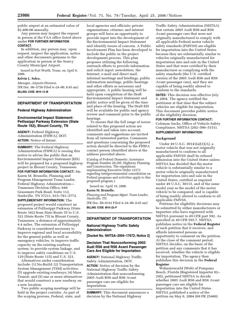 Notice: Motor Vehicle Safety Standards Nonconforming Vehicle ...