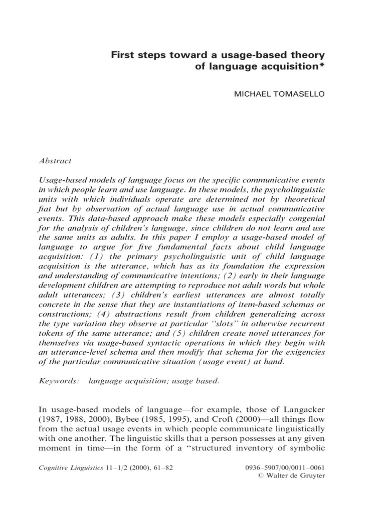 TOMASELLO. First Steps Toward A Usage-Based Theory of Language Acquisition. 2000. | PDF ...