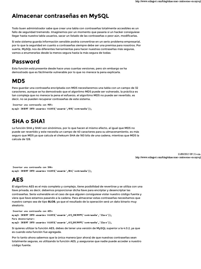 Almacenar Contraseñas en MySQL Con Cifrados | PDF | Contraseña | Comunicación segura