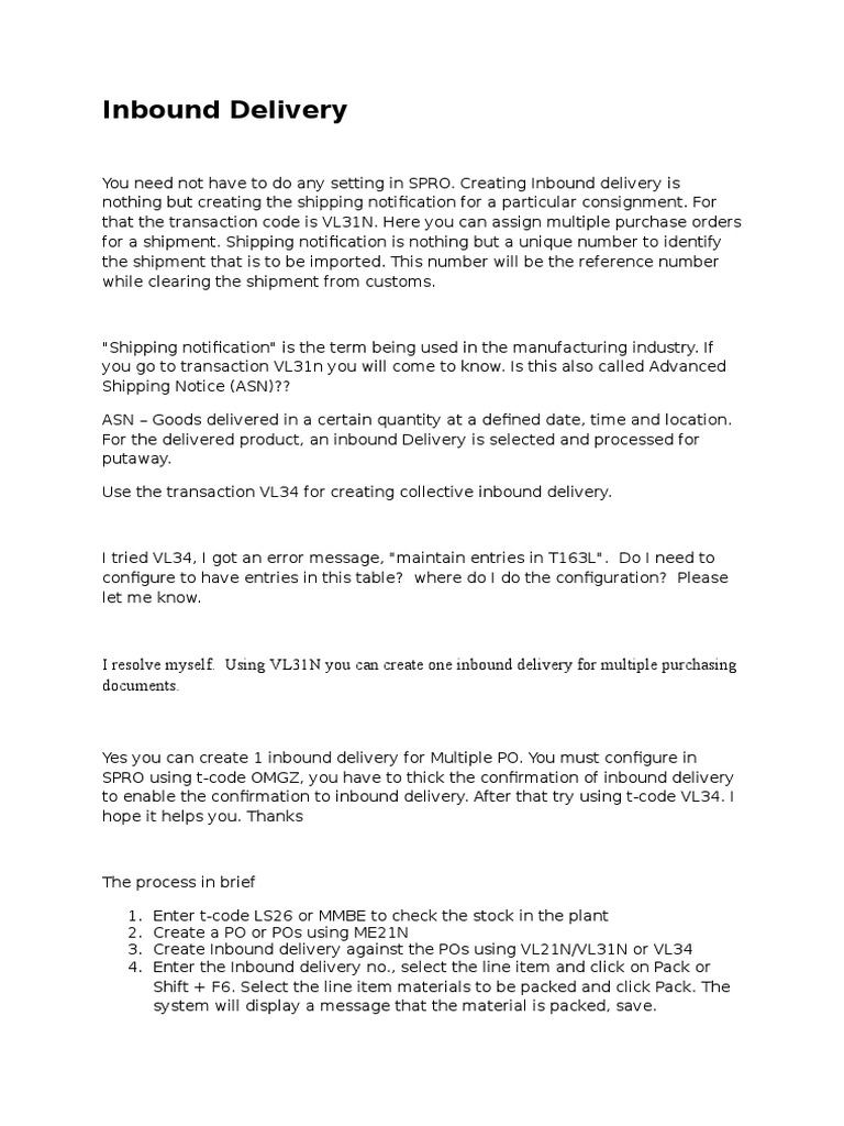 SAP Inbound Delivery Process Guide | PDF | Delivery (Commerce) | Stocks