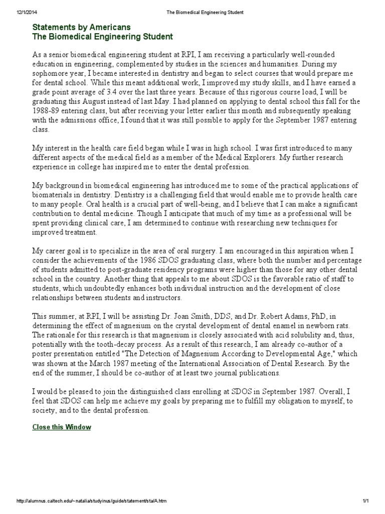 Statements by Americans The Biomedical Engineering Student: Close this ...