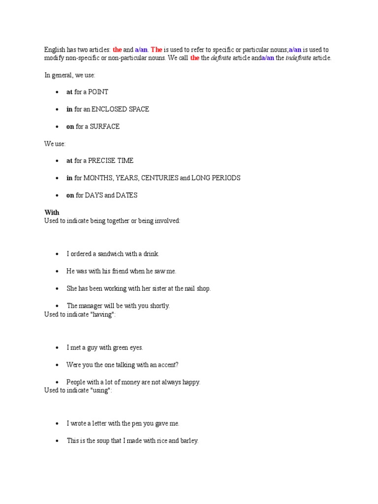 English Articles and Prepositions Guide | PDF | Morphology | Rules