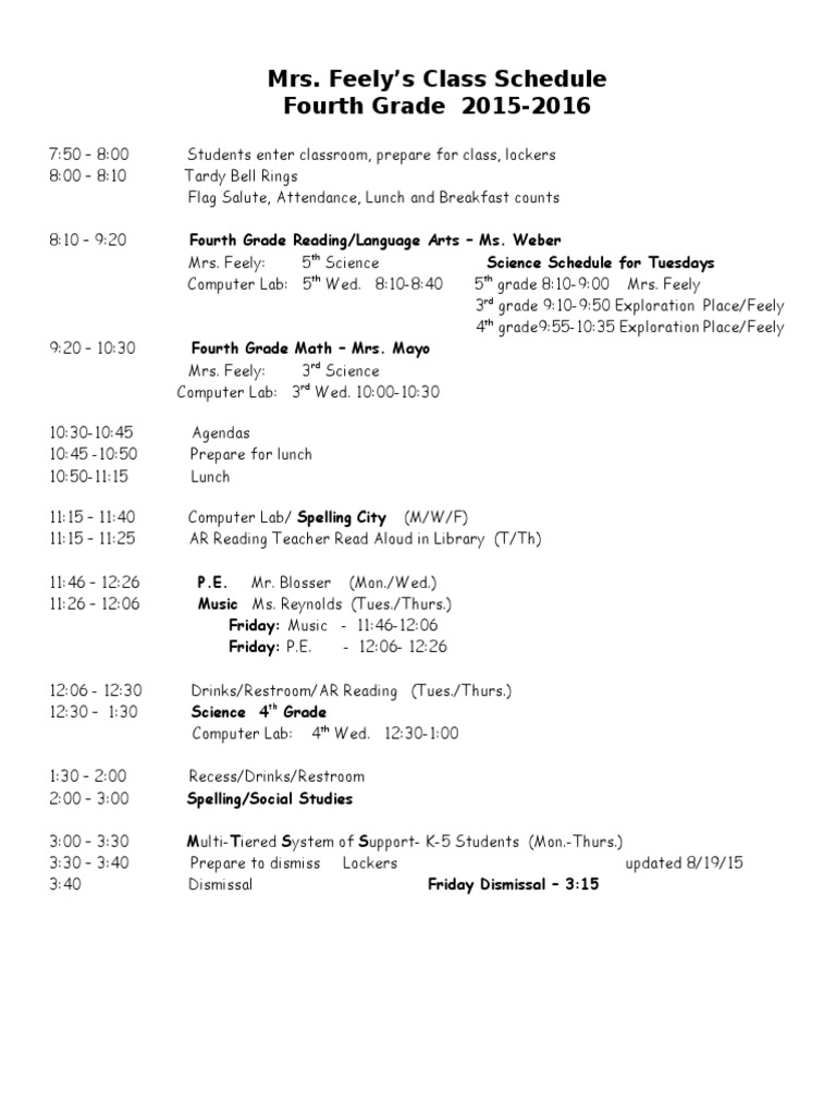 Mrs. Feely's 4th Grade Class Schedule | PDF | Language Arts & Discipline