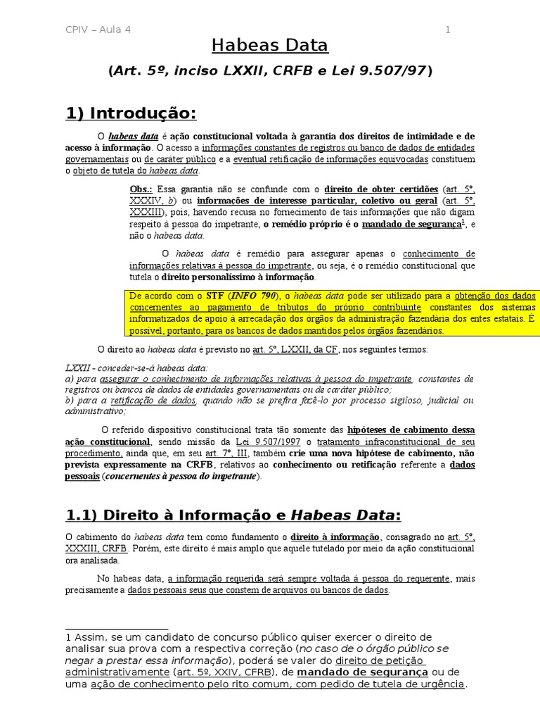 Aula 4 - Habeas Data | PDF | Mandamus | Sentença (jurídico)