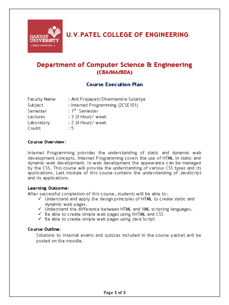 Course Execution Plan for Internet Programming at U.V. Patel College of Engineering | PDF | Html ...