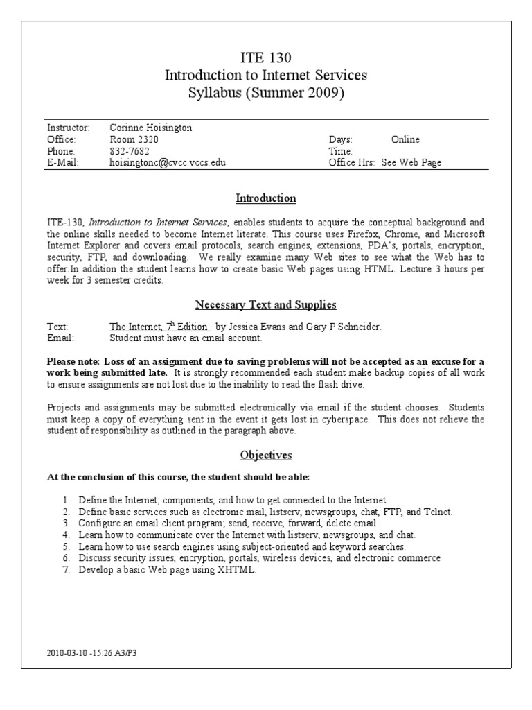 ITE 130 Internet Services Syllabus | PDF | Homework | Internet