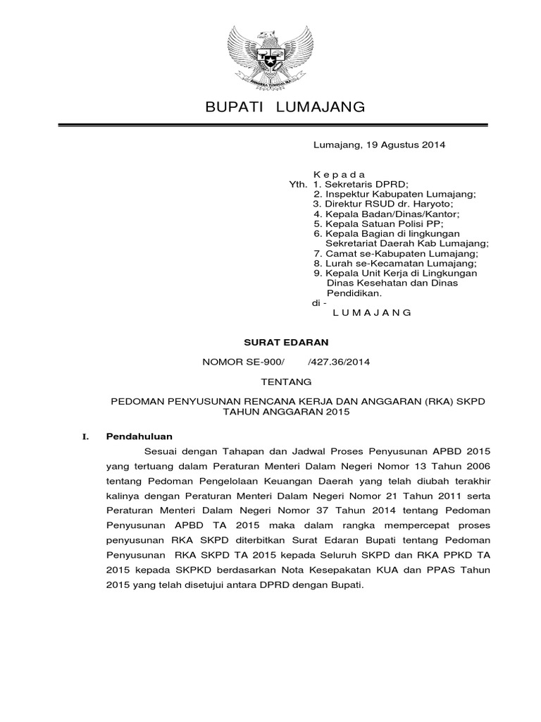 Surat Edaran Pedoman Penyusunan Rka SKPD Ta 2015 | PDF