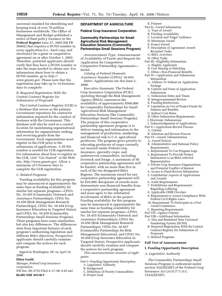 Notice: Grants and Cooperative Agreements Availability, Etc.: Commodity Partnerships Small ...