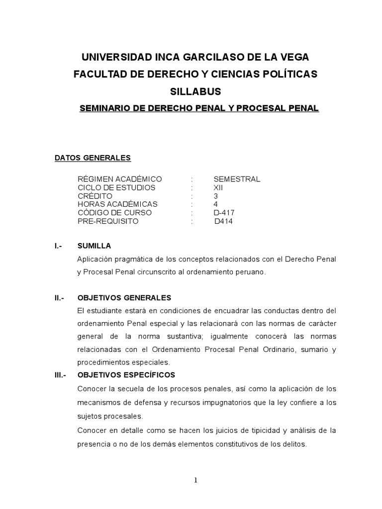 Seminario de Derecho Penal y Procesal Penal Silabus | PDF | Derecho penal | Ley procesal
