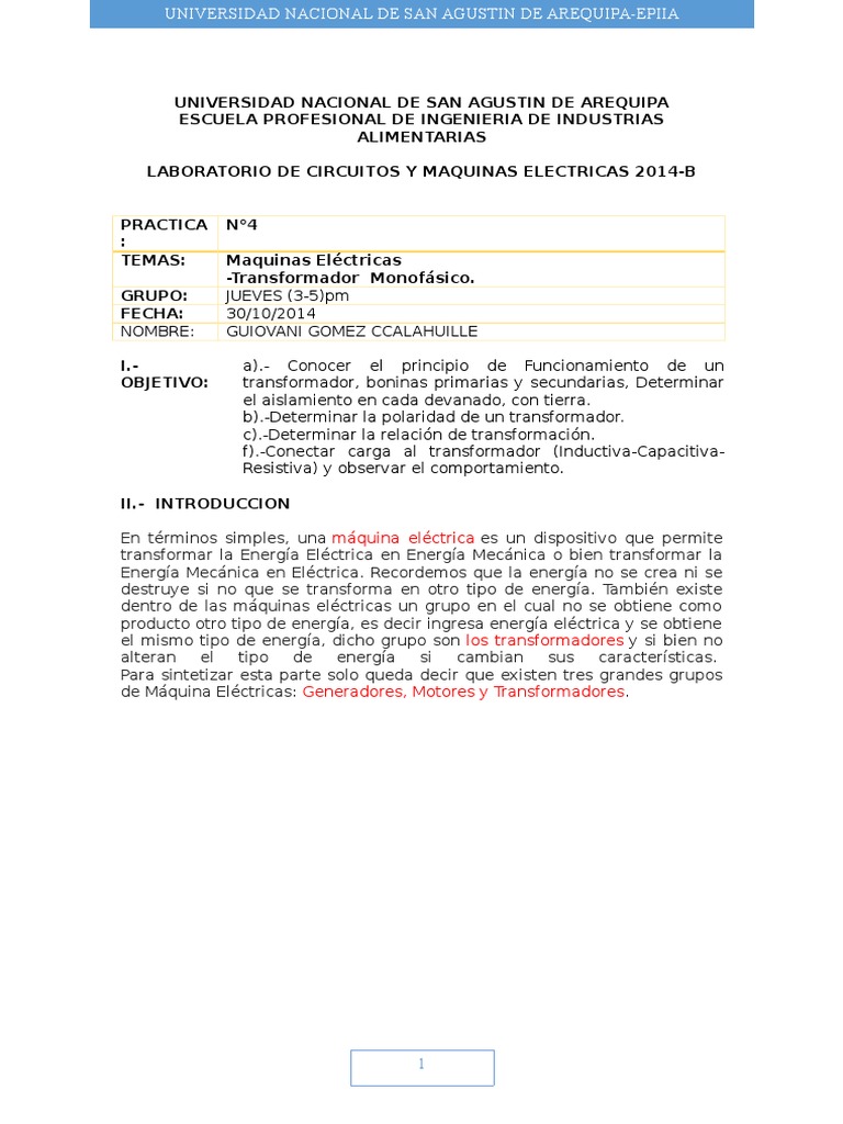 Lab 4 Maquinas Electricas | PDF | Transformador | Inductor