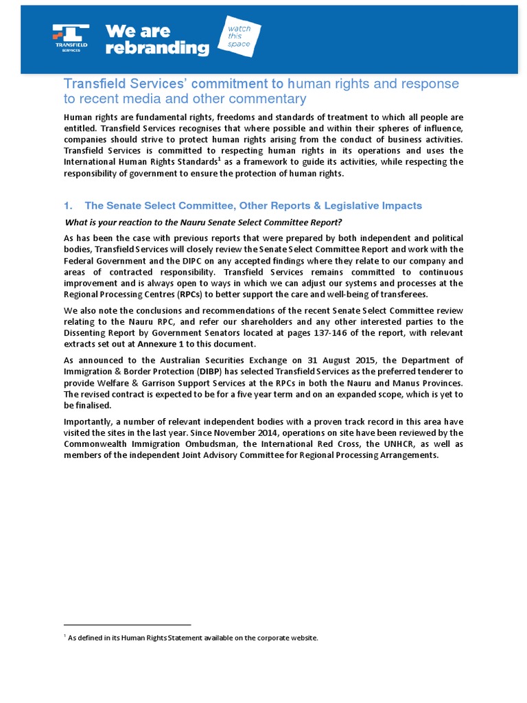 Transfield Response | PDF | Human Rights | Refugee