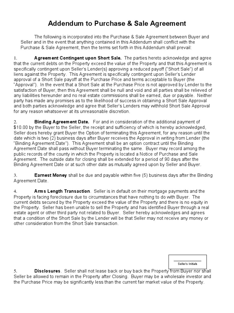Addendum To Purchase and Sale Agreement | PDF | Short Sale (Real Estate ...