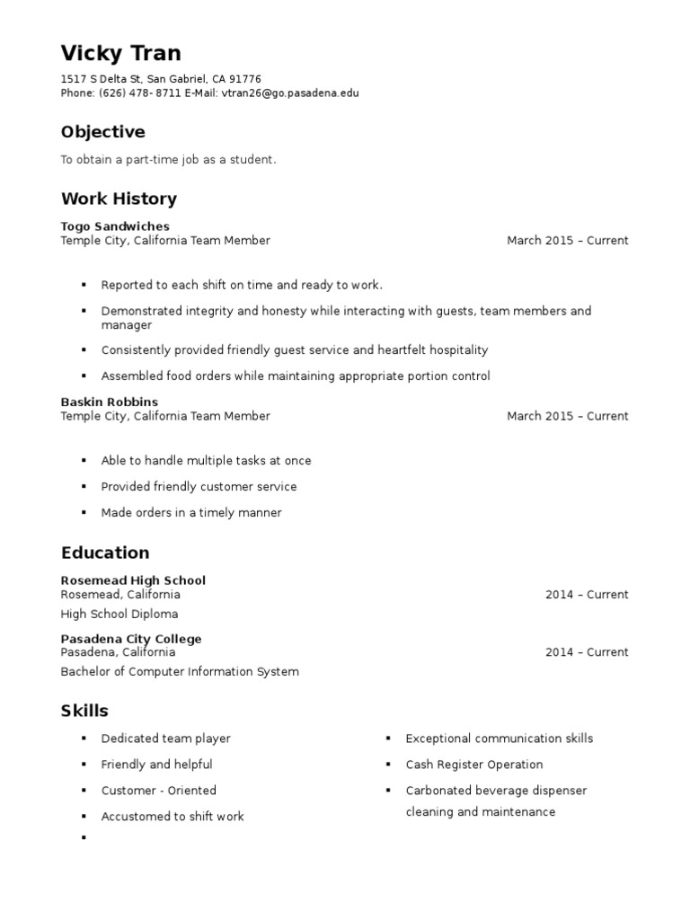Student Resume for Part-Time Jobs | PDF