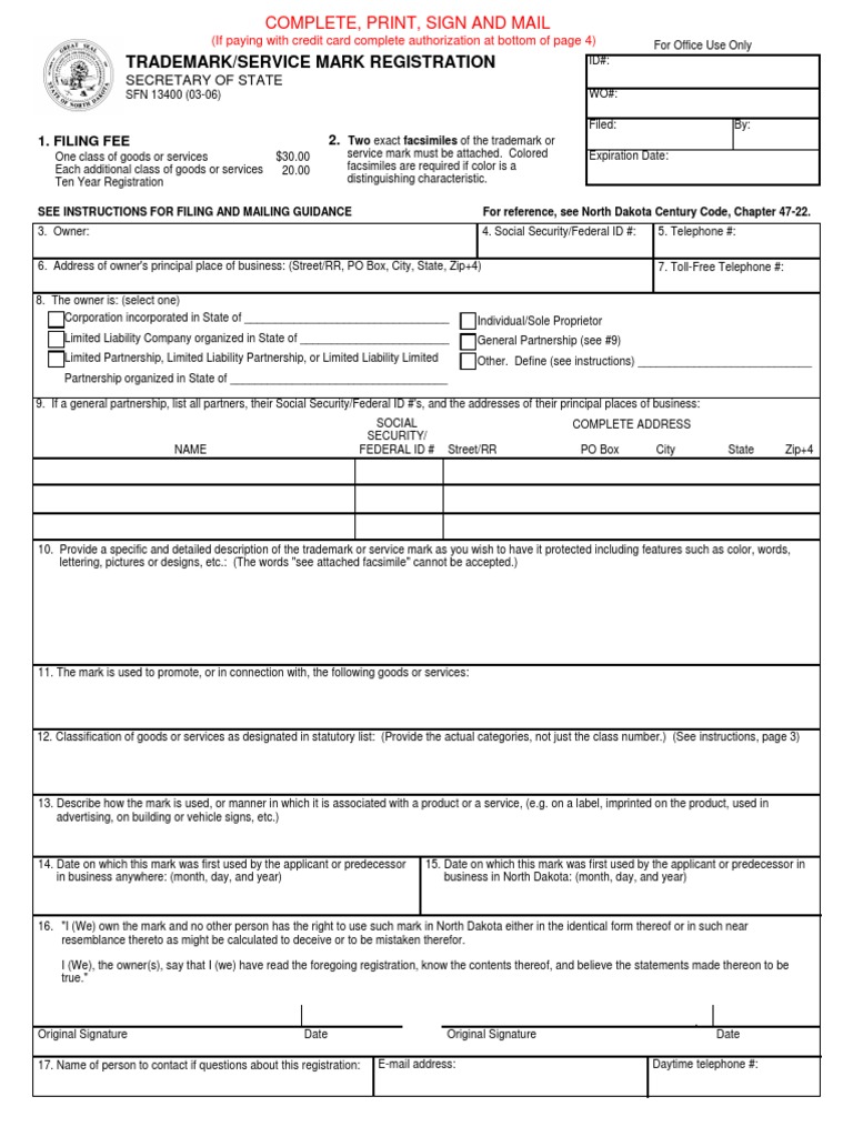 North Dakota Trademark Registration Form PDF | PDF | Trademark ...