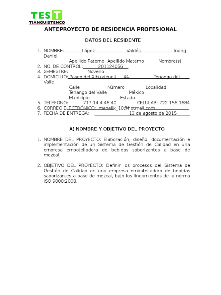 Formato Anteproyecto de Residencia Profesional | Descargar gratis PDF | Calidad (comercial ...