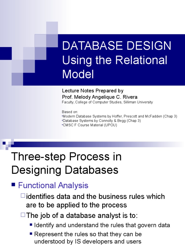 Database Design Using The Relational Model Lecture Notes Prepared By