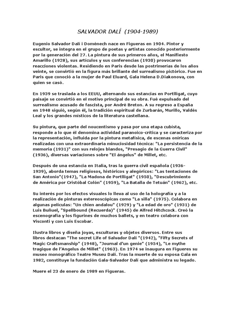 Biografía de Salvador Dalí: Arte y Vida | PDF | Salvador Dalí | Surrealismo