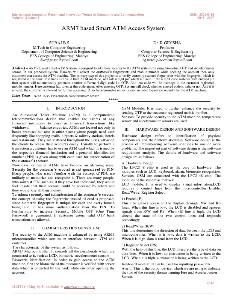ARM7 Based Smart ATM Access System | PDF | Automated Teller Machine ...