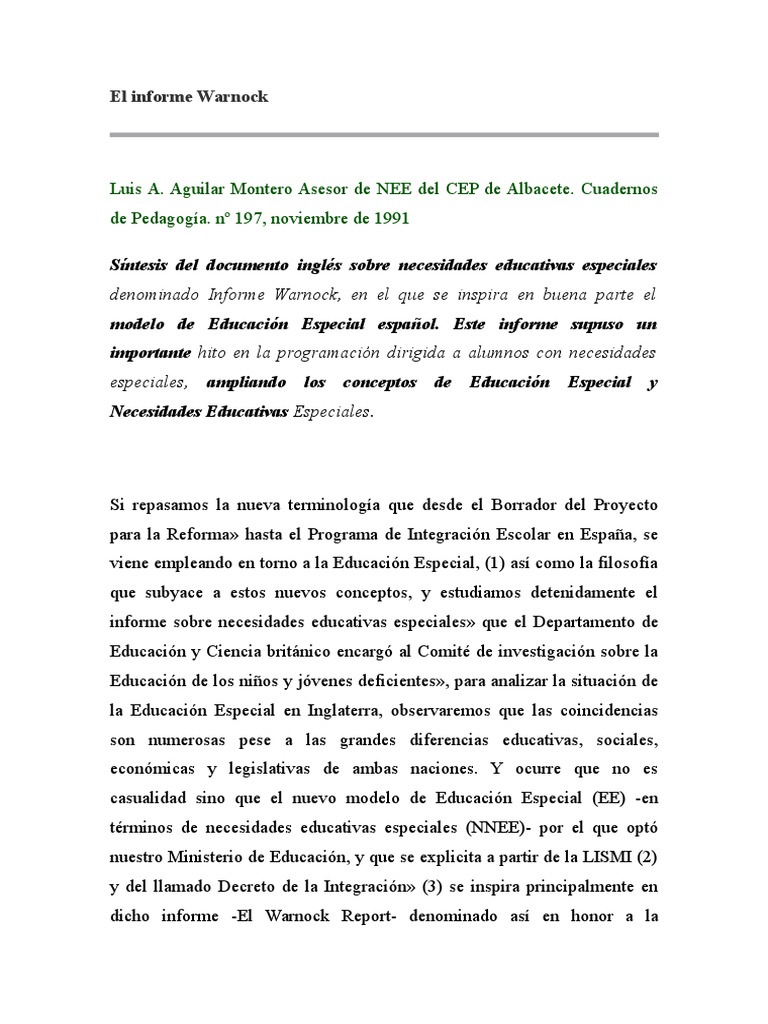 Informe Warnock | PDF | Educación especial | Maestros