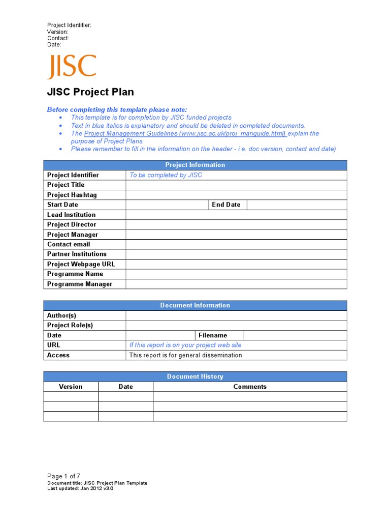 JISC Project Plan: Before Completing This Template Please Note | PDF | Risk Management | Project ...