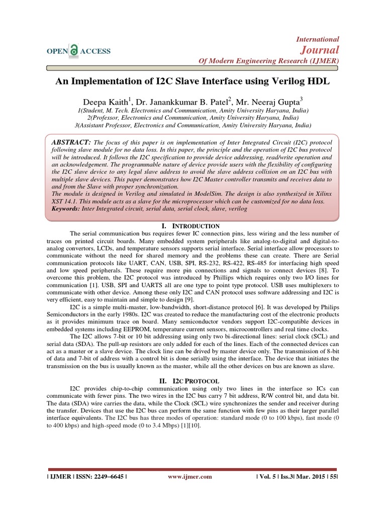 An Implementation Of I2c Slave Interface Using Verilog Hdl Pdf Physical Layer Protocols 5885