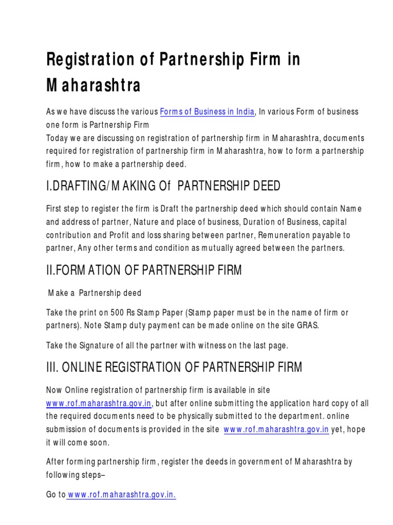 Registration of Partnership Firm in Maharashtra | PDF | Partnership ...