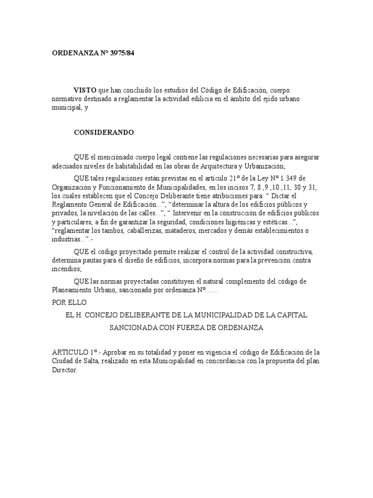 ORDENANZA - Codigo Edificacion de Salta | PDF | Calle | Techo