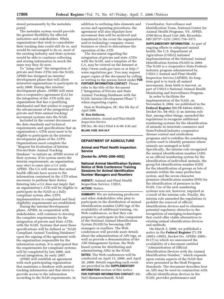 Notice: Environmental Statements Availability, Etc.: National Animal ...