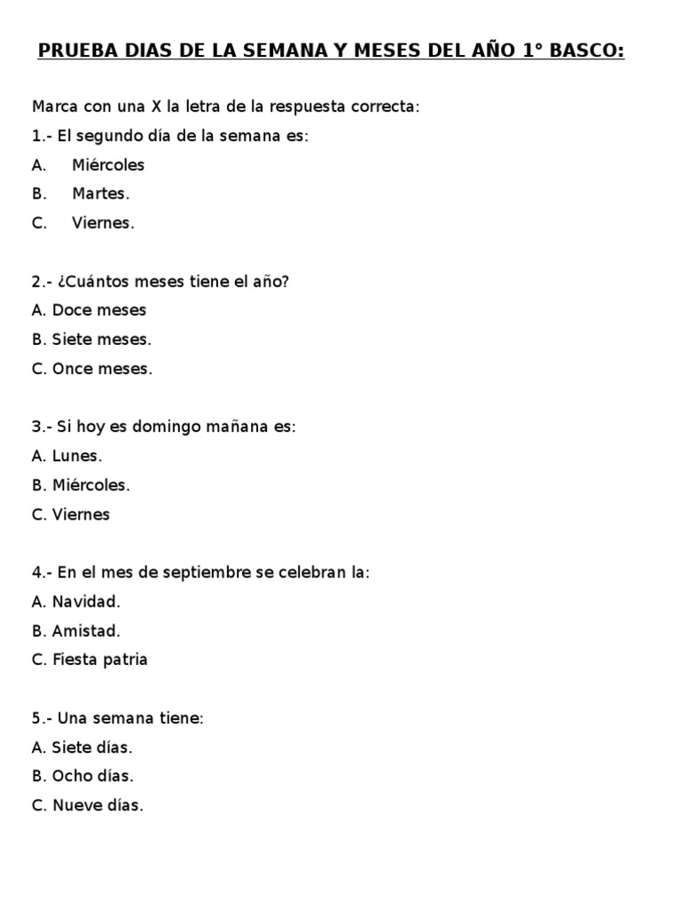 Prueba de Días y Meses 1° Básico | PDF | Artes del Lenguaje y Comunicación