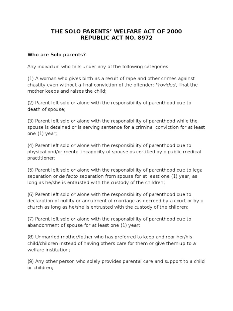 The Solo Parents' Welfare Act of 2000 Republic Act No. 8972 | PDF | Law