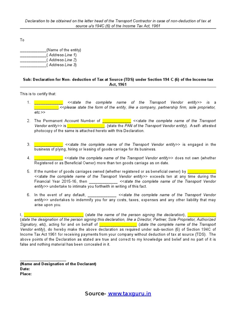 Template-Of-TDS-Declaration For Transporter Wef 1.6.15 | PDF
