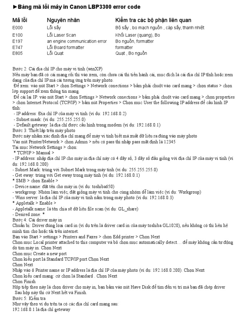 Bảng mã lỗi máy in Canon LBP3300 error code | PDF