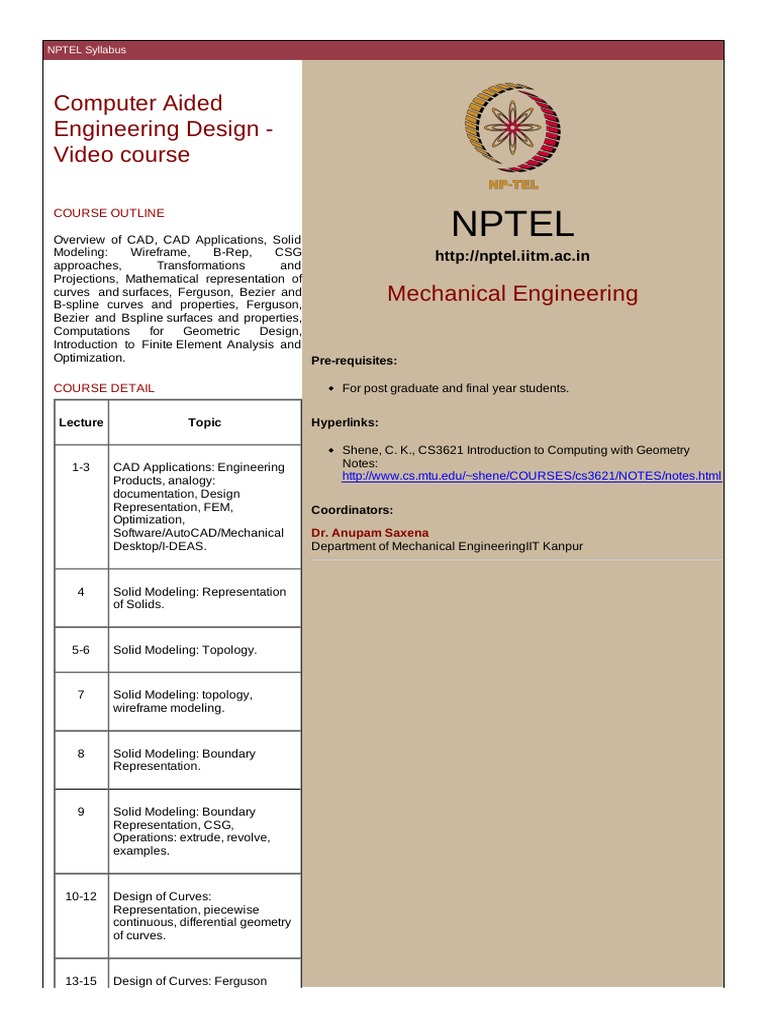 NPTEL CAD Engineering Design Syllabus | PDF | Technology & Engineering