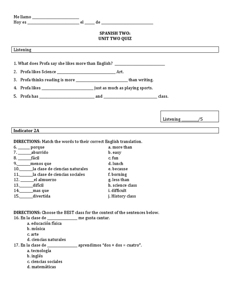 Unit 2 Quiz Spanish 2 | PDF | Gramática | Mecánica del lenguaje