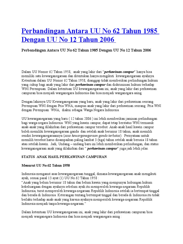 Perbandingan Antara UU No 62 Tahun 1985 Dengan UU No 12 Tahun 2006 | PDF