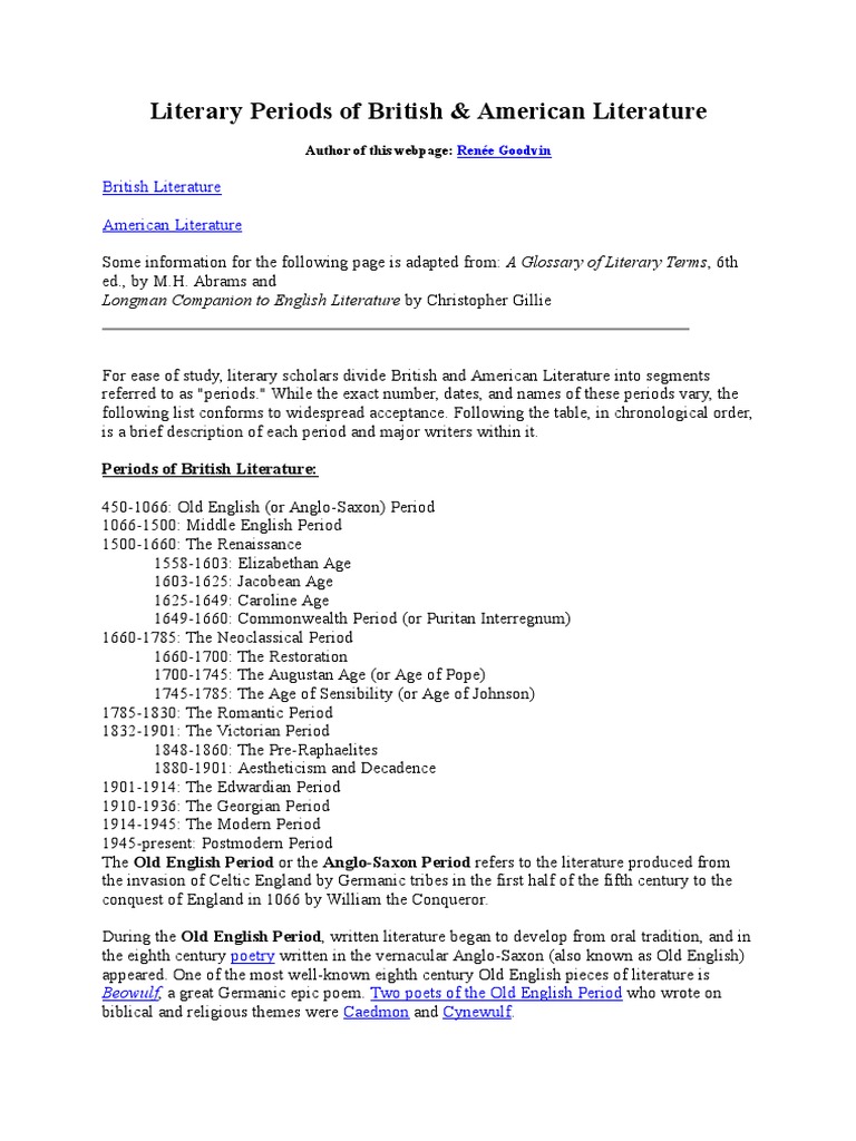 Overview of British Literary Periods | PDF | English Literature ...