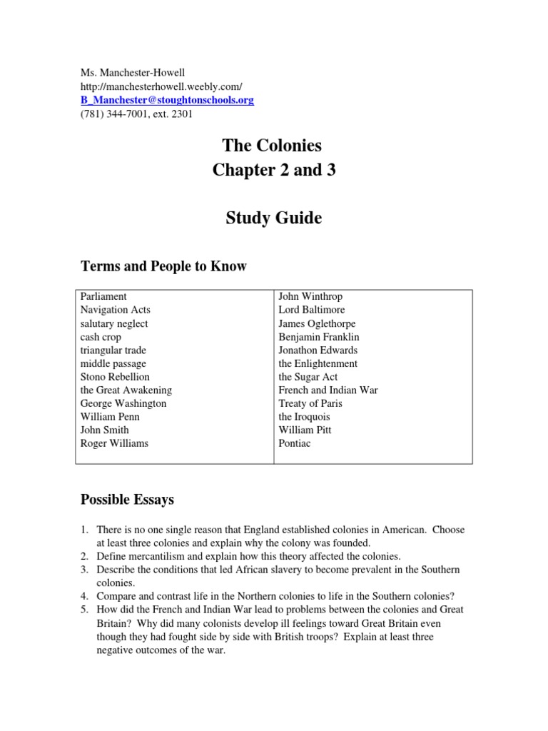 The Colonies Chapter 2 and 3 Study Guide: Terms and People To Know ...