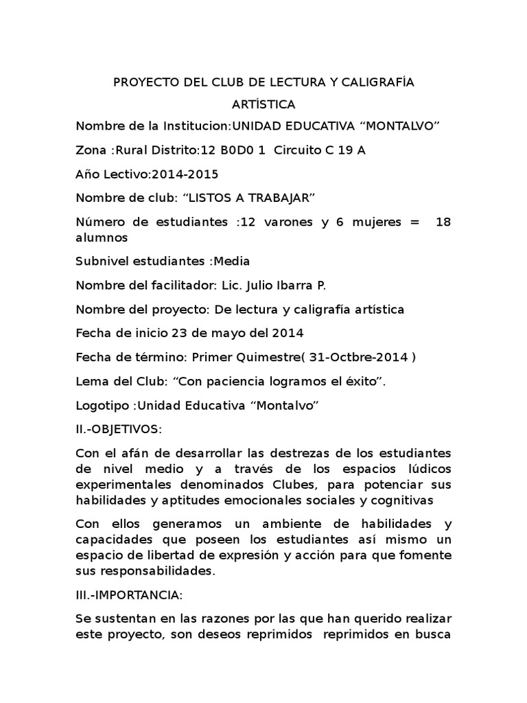 Proyecto de Club Lectura y Caligrafia | PDF | Lectura (proceso) | Escritura