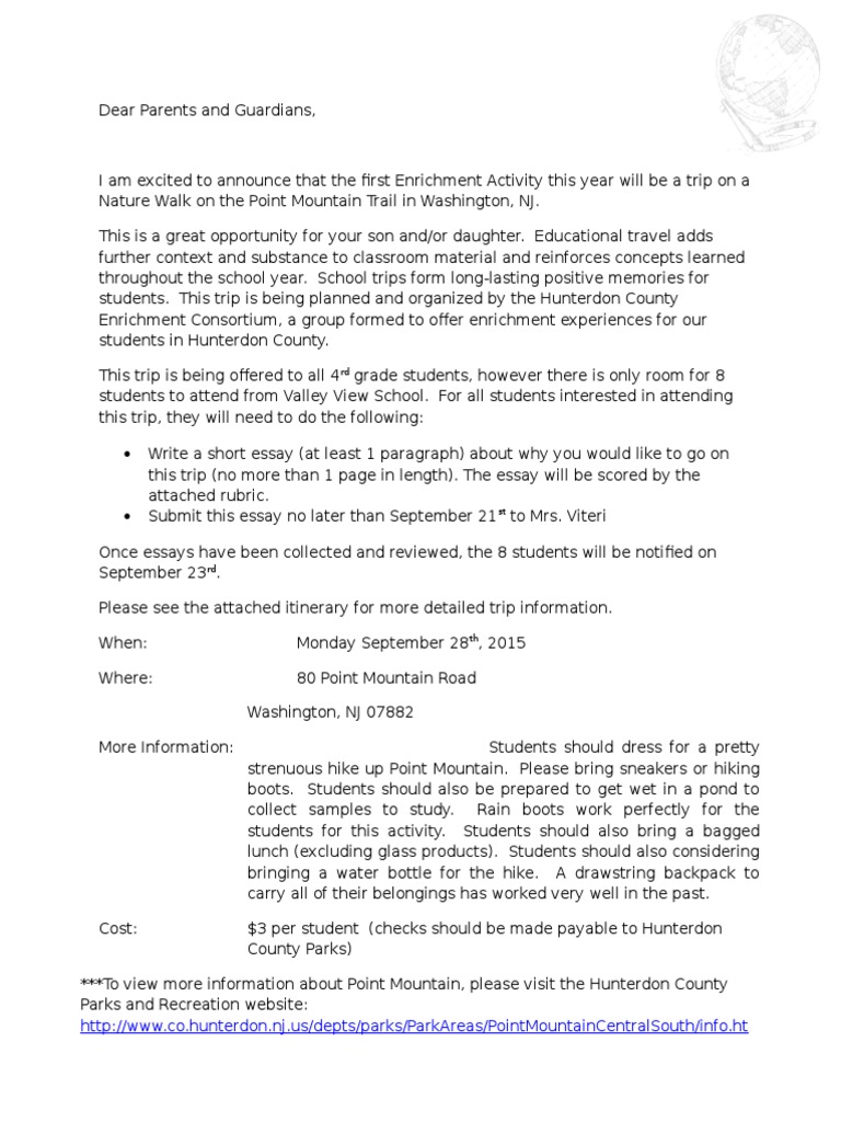 Nature Walk Field Trip Parent Letter | PDF | Communication | Cognition