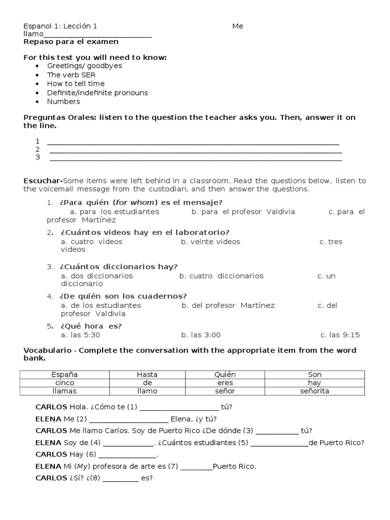 Test Review Packet - Leccion 1 | PDF | Idiomas | Entretenimiento (general)
