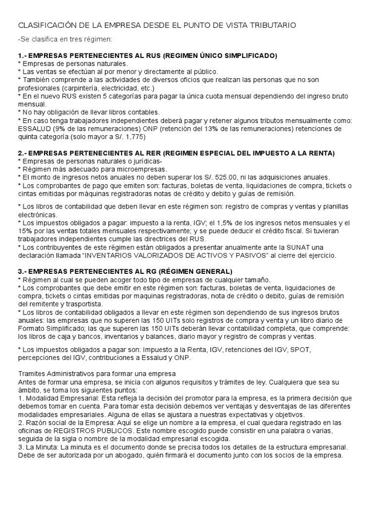 Clasificación de La Empresa Desde El Punto de Vista Tributario | PDF ...